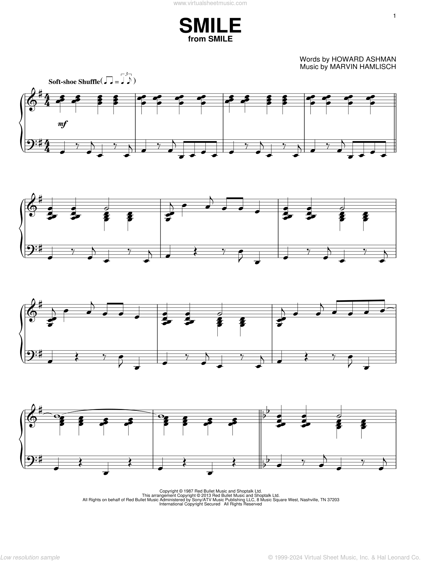 Hamlisch - Smile sheet music for piano solo (PDF-interactive)