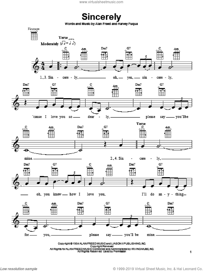 Sincerely sheet music for ukulele (PDF-interactive)