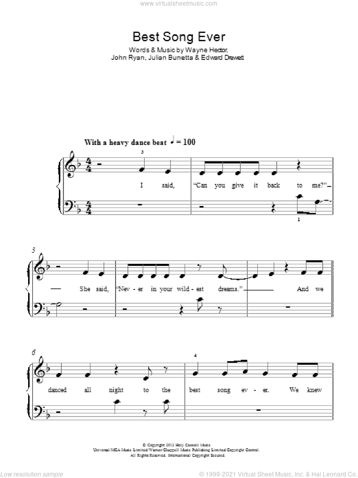 Best Song Ever sheet music (beginner) for piano solo (5-fingers)