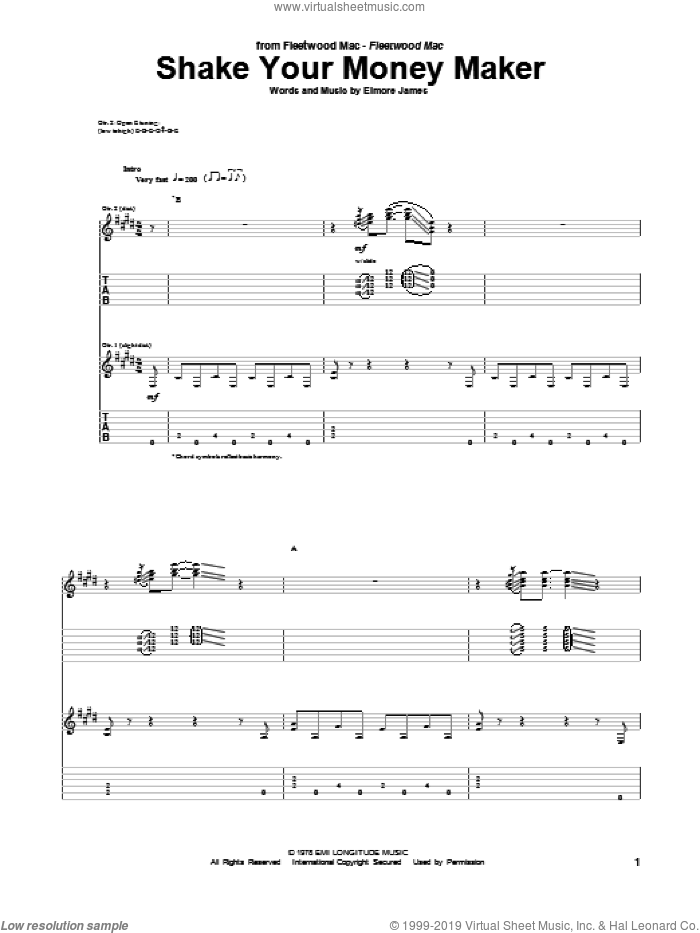 Shake Your Money Maker sheet music for guitar (tablature) (PDF)