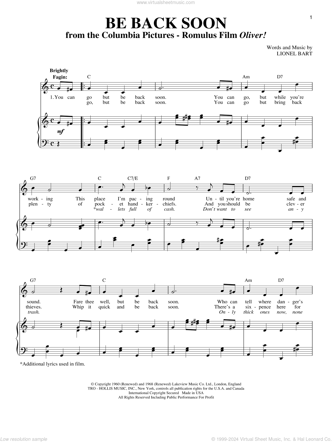 Be Back Soon sheet music for voice and piano (PDF-interactive)