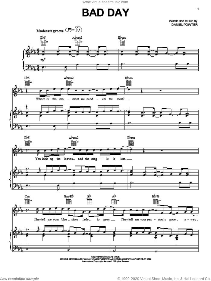 Bad Day sheet music for voice, piano or guitar (PDF) v2