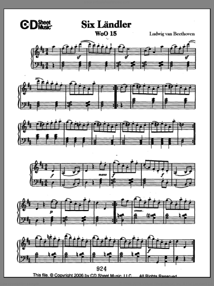 Landler (6), Woo 15 sheet music for piano solo (PDF)