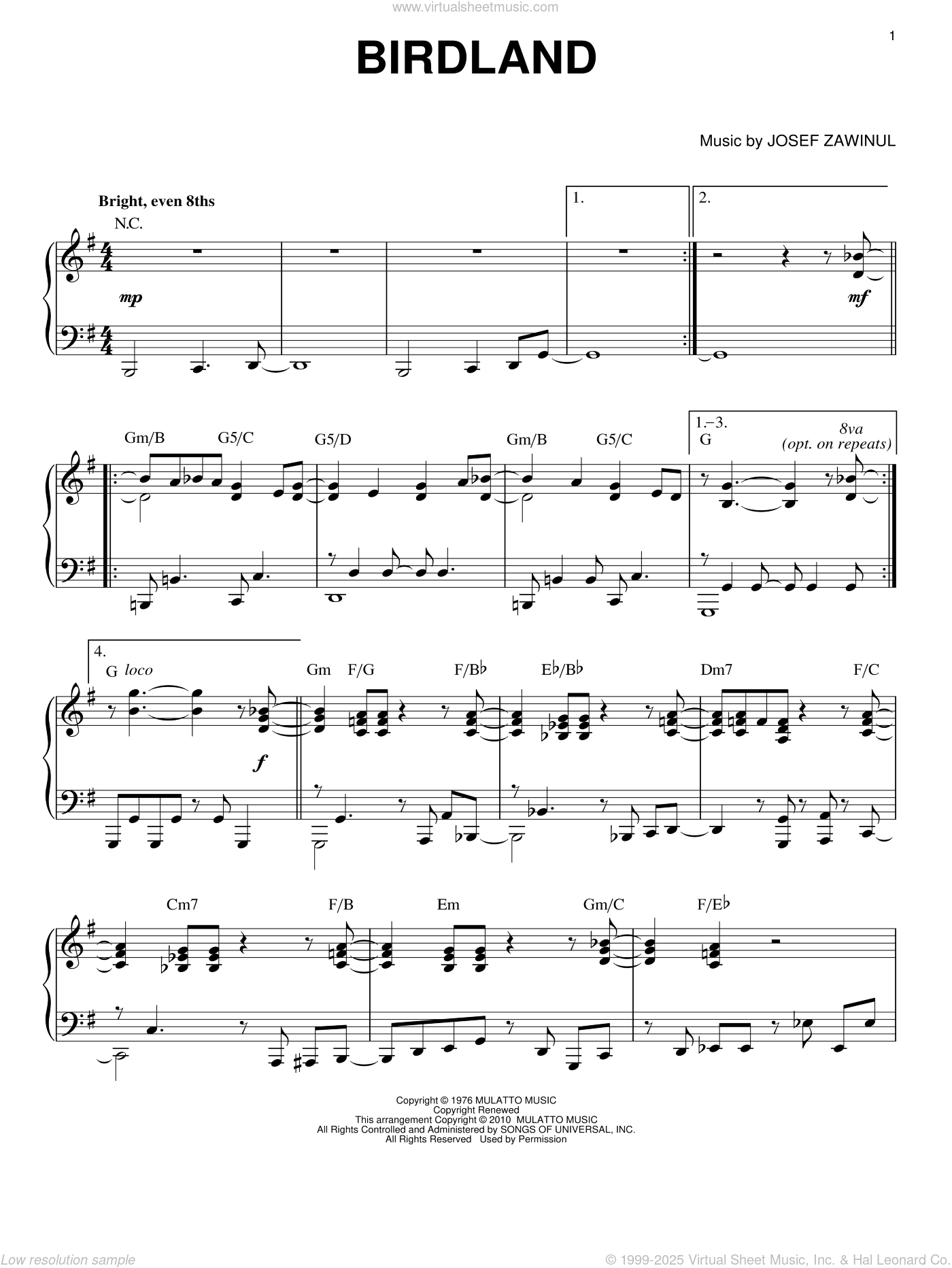Transfer - Birdland sheet music for piano solo (PDF)
