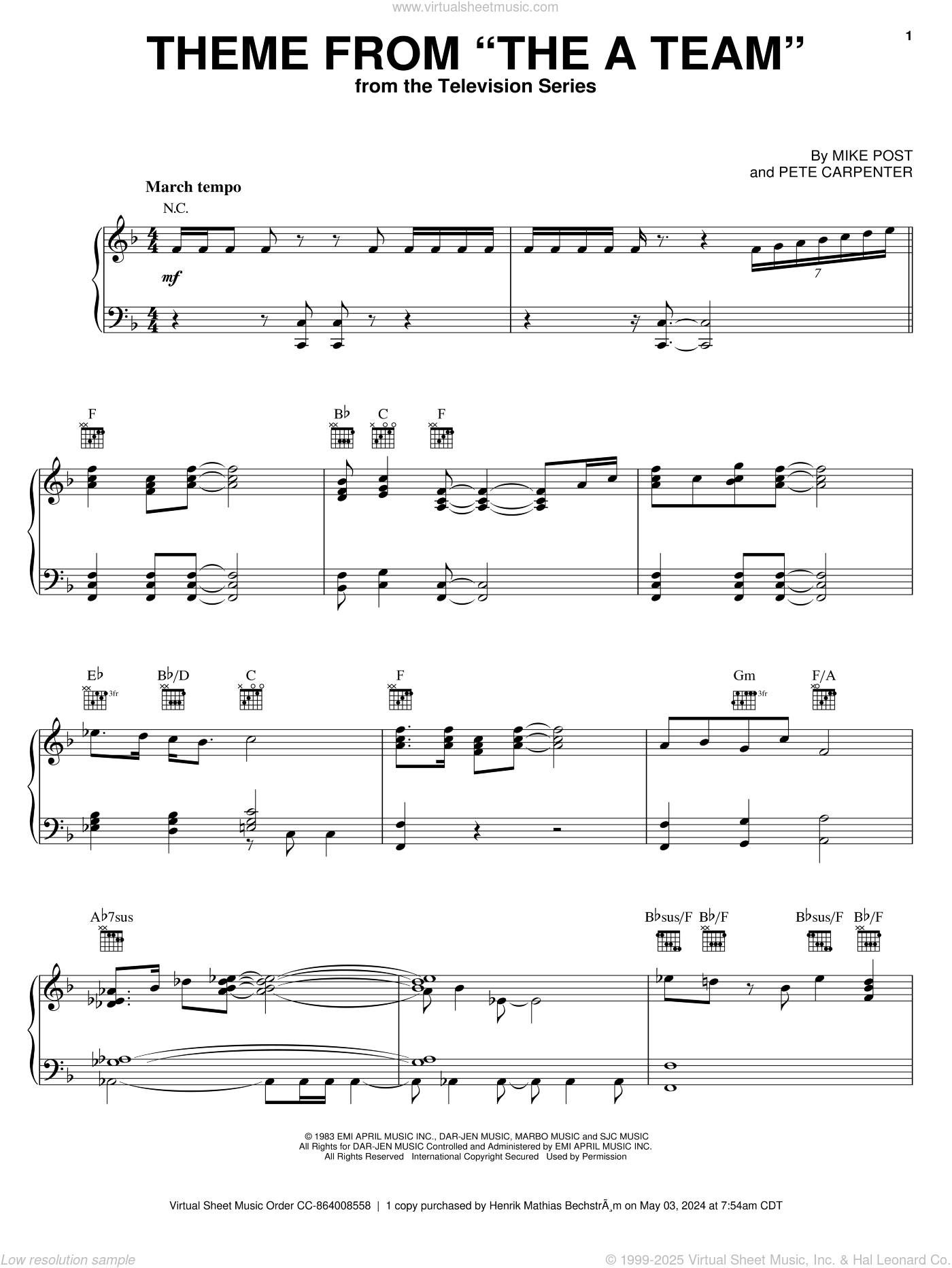 Theme from The A-Team sheet music for piano solo (PDF)