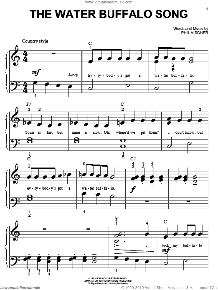 The Water Buffalo Song sheet music for piano solo (big note book)