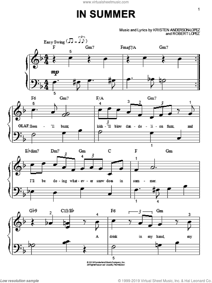 In Summer (from Frozen) sheet music for piano solo (big note book)