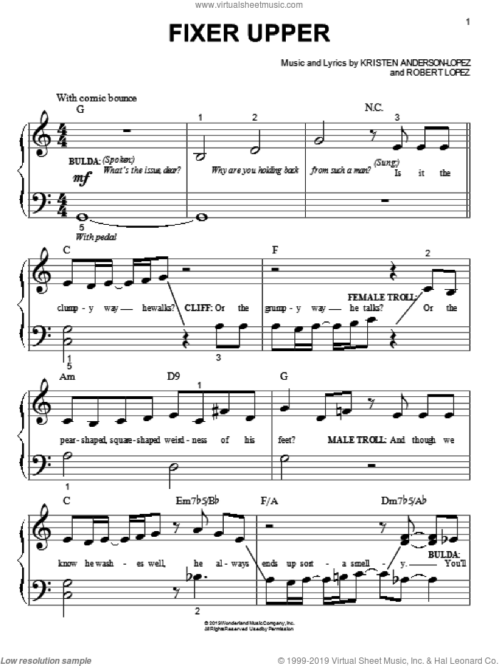 Fixer Upper (from Disney's Frozen) sheet music for piano solo (big note ...