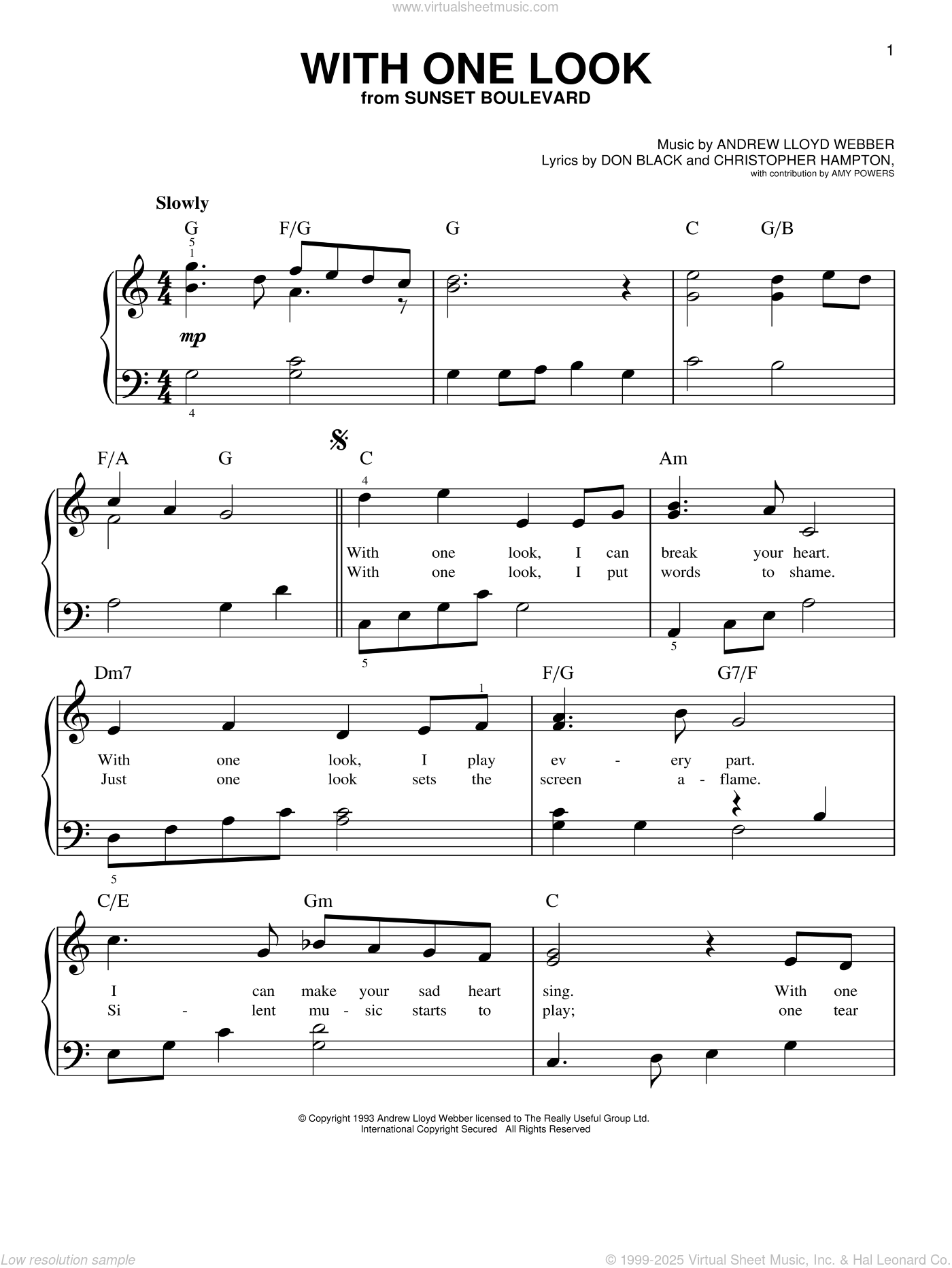 With One Look, (easy) sheet music for piano solo (PDF)