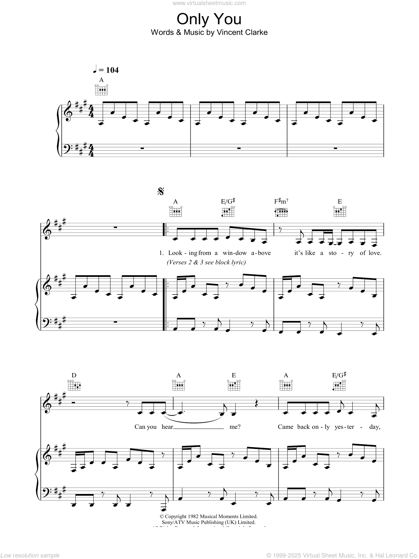 Yazoo: Only You sheet music for voice, piano or guitar (PDF)