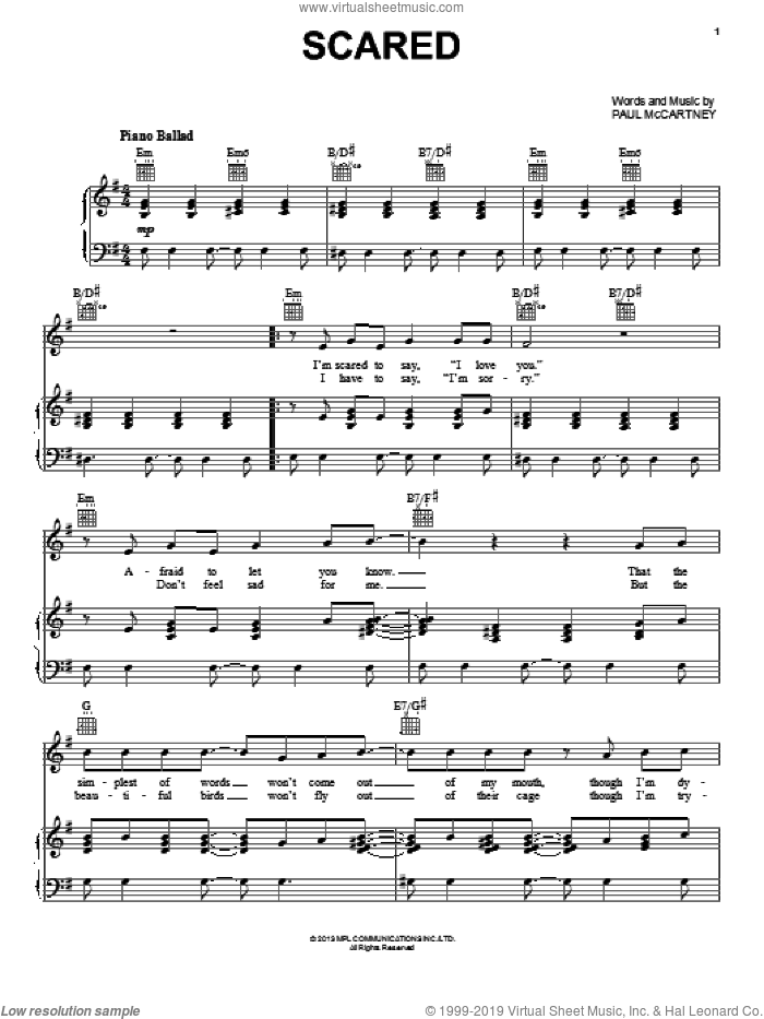 Scared sheet music for voice, piano or guitar (PDF)