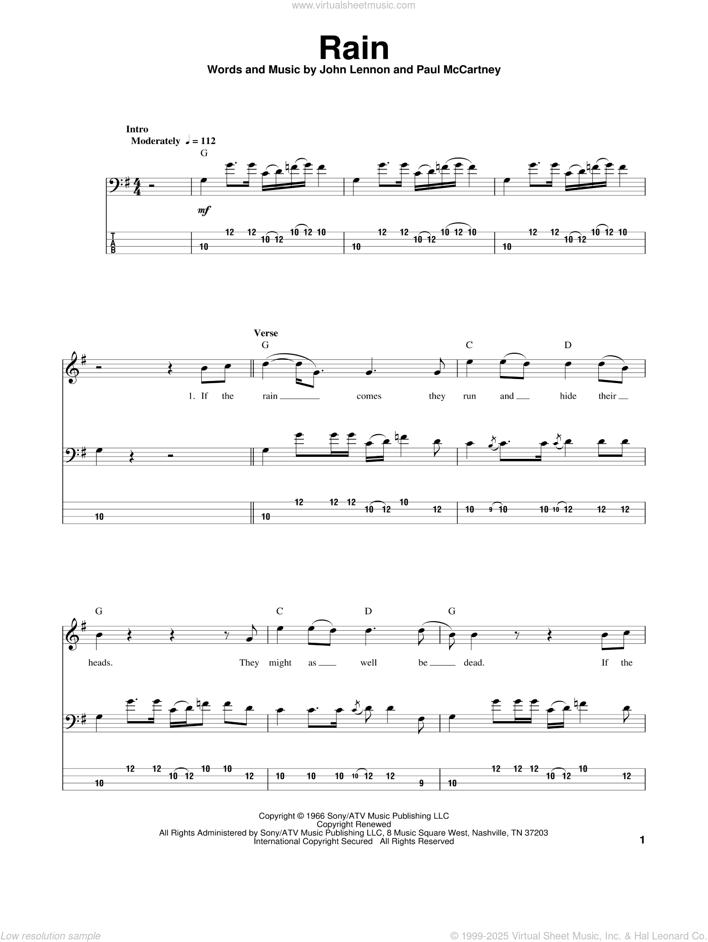 Rain sheet music for bass (tablature) (bass guitar) (PDF)