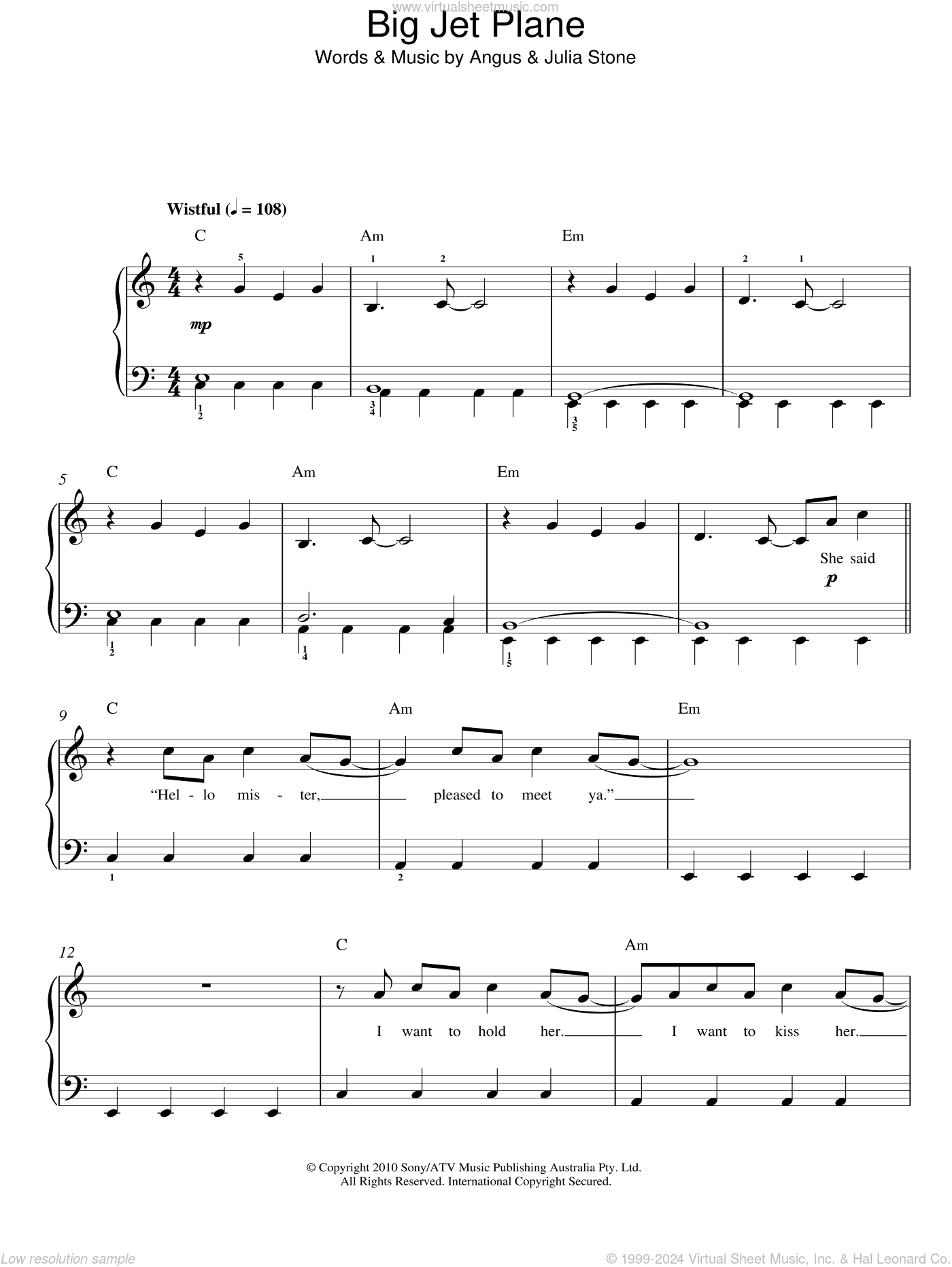 Big Jet Plane sheet music for piano solo (PDF-interactive)