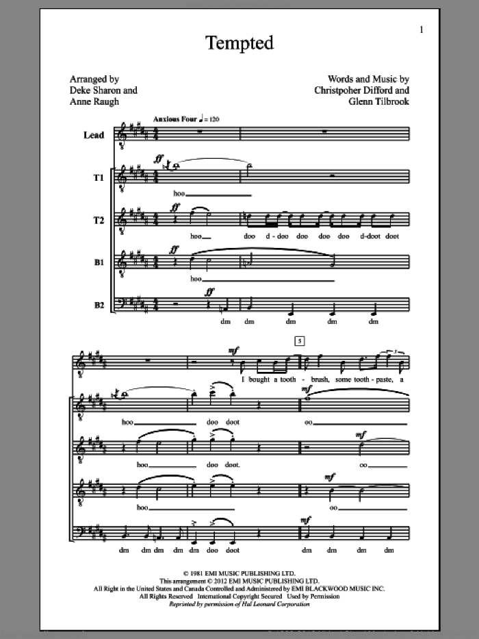 Tempted sheet music for choir (TTBB: tenor, bass) (PDF)