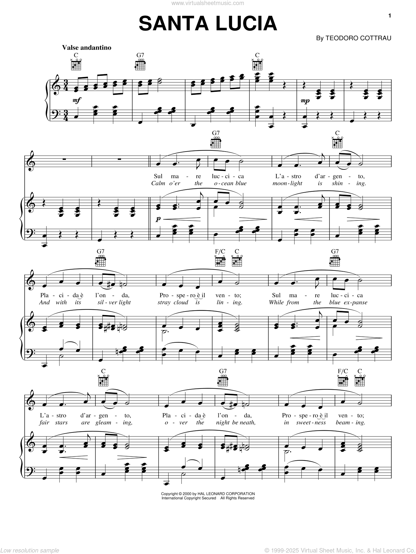 Santa Lucia sheet music for voice, piano or guitar (PDF)