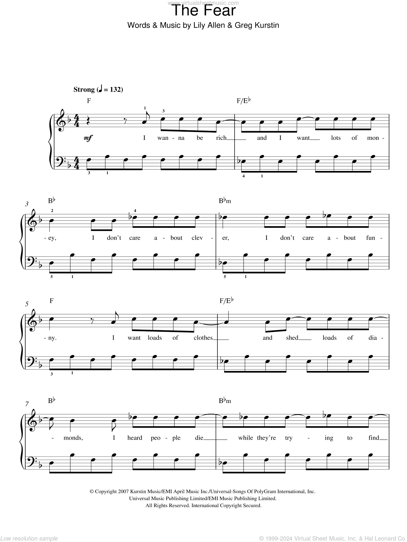 The Fear sheet music (easy) for piano solo (PDF-interactive)