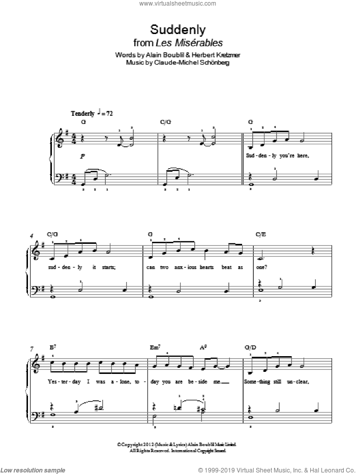 Suddenly sheet music (easy) for piano solo (PDF-interactive)