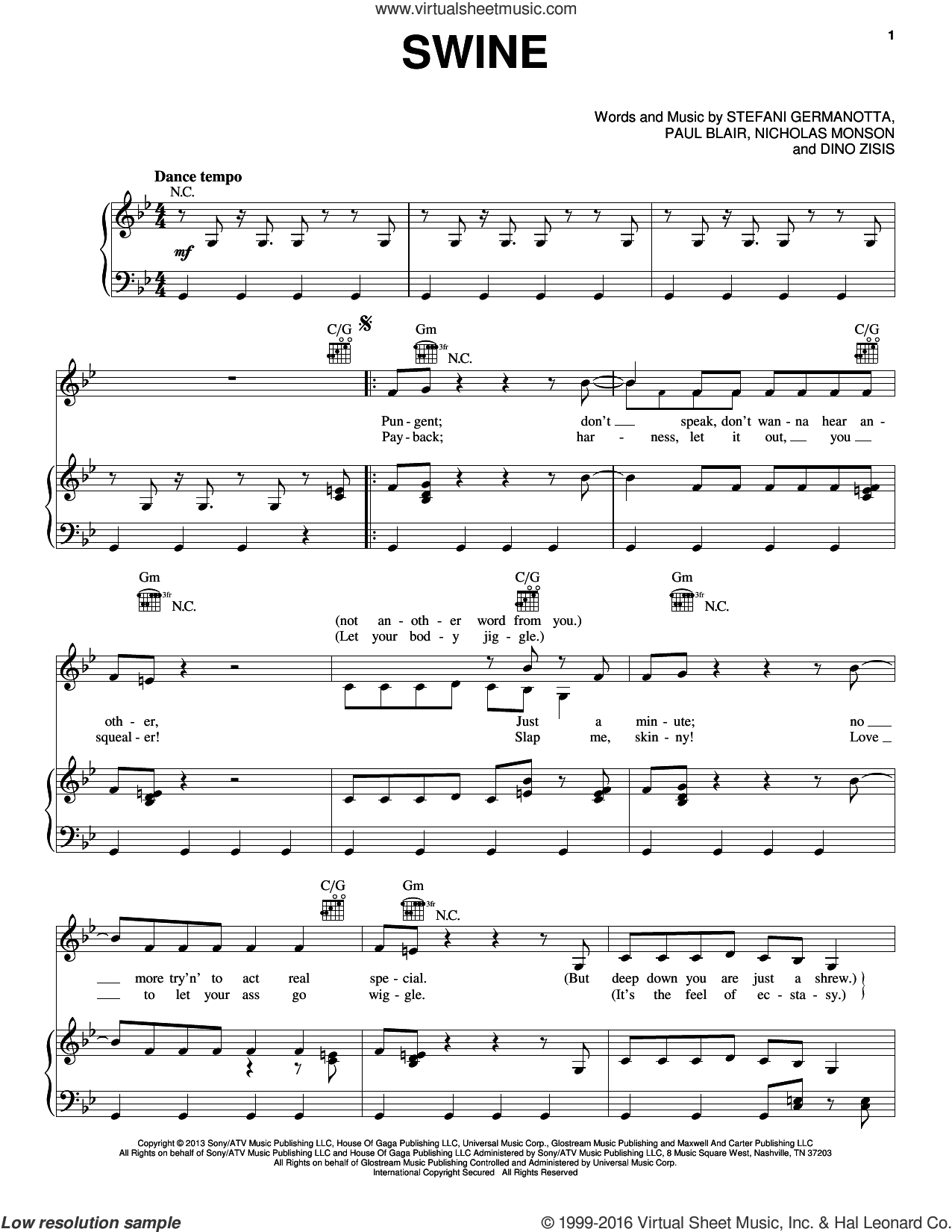 Swine sheet music for voice, piano or guitar (PDF-interactive)