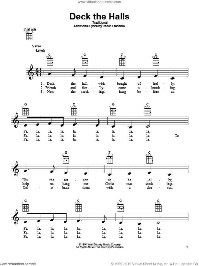 Deck The Halls sheet music for ukulele (PDF)