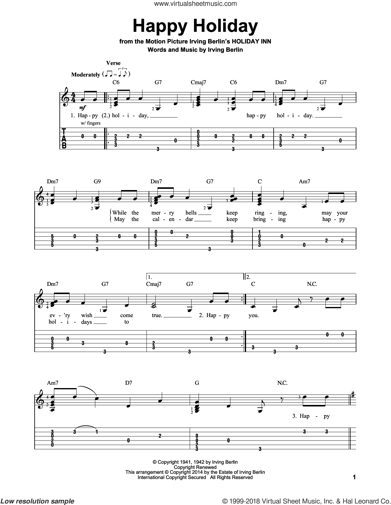 Happy Holiday sheet music (easy) for guitar solo (easy tablature)