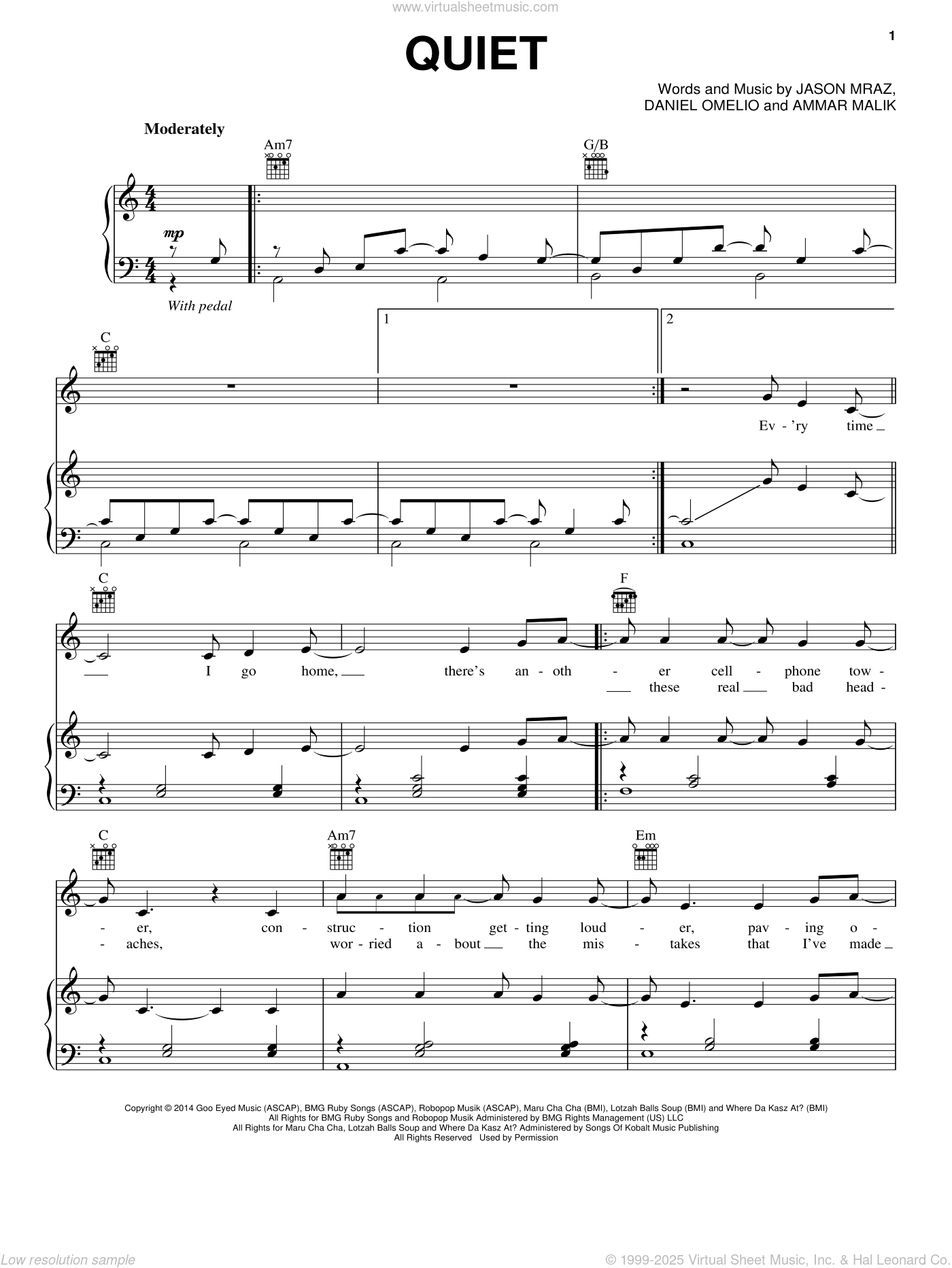 Jason Mraz: Quiet sheet music for voice, piano or guitar (PDF)