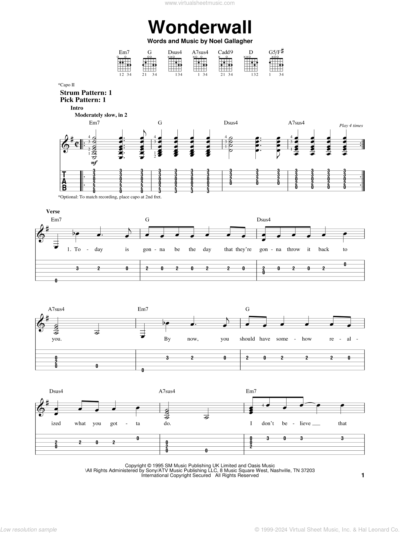 Wonderwall sheet music (easy) for guitar solo (easy tablature)