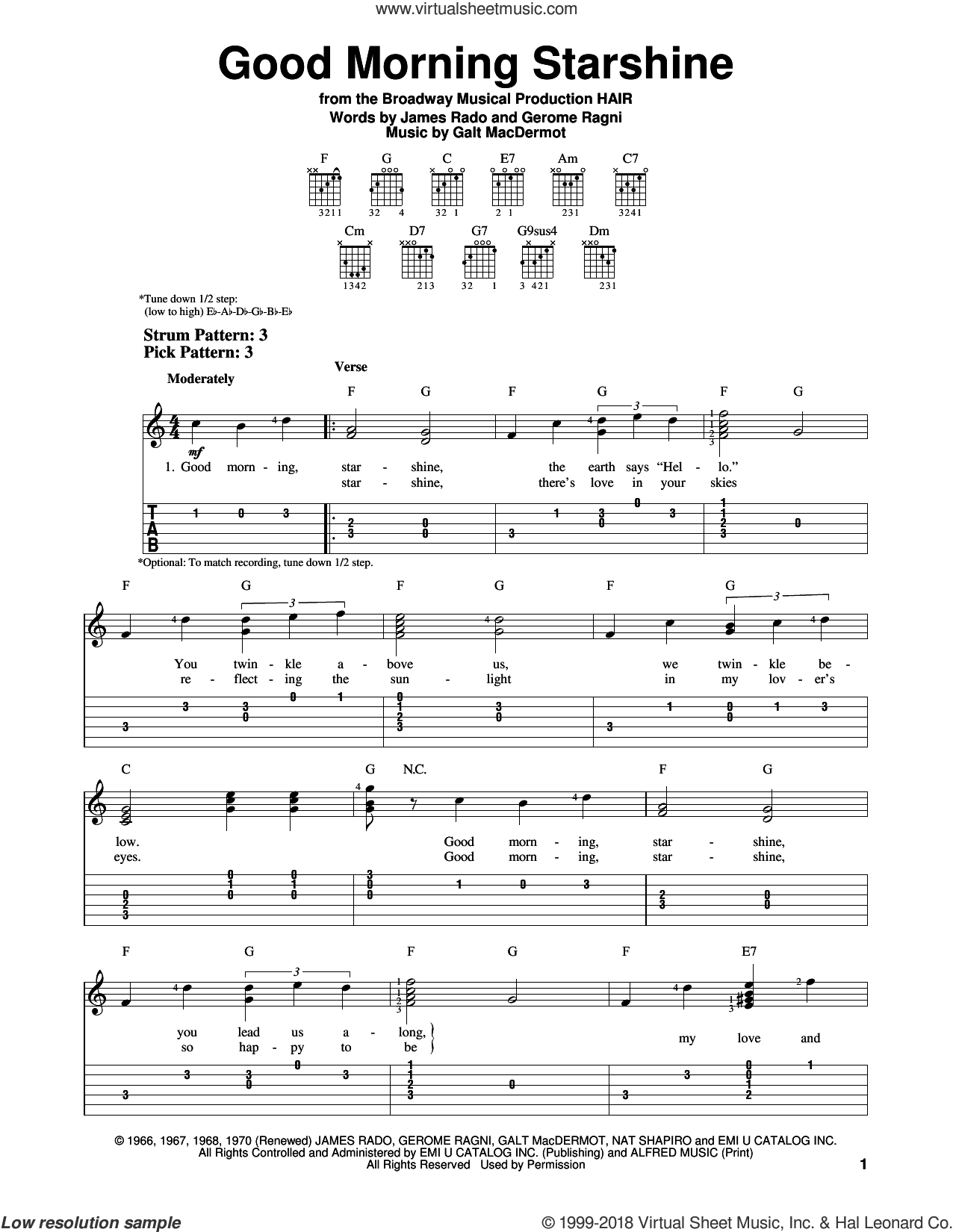 Good Morning Starshine sheet music for guitar solo (easy tablature)
