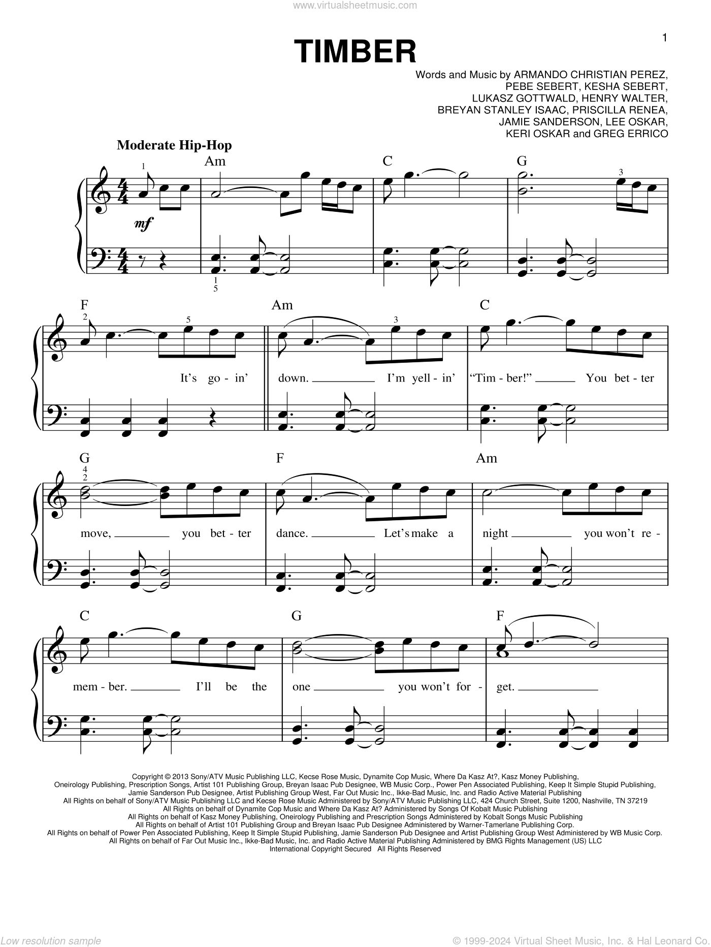 Timber sheet music for piano solo (PDF-interactive)