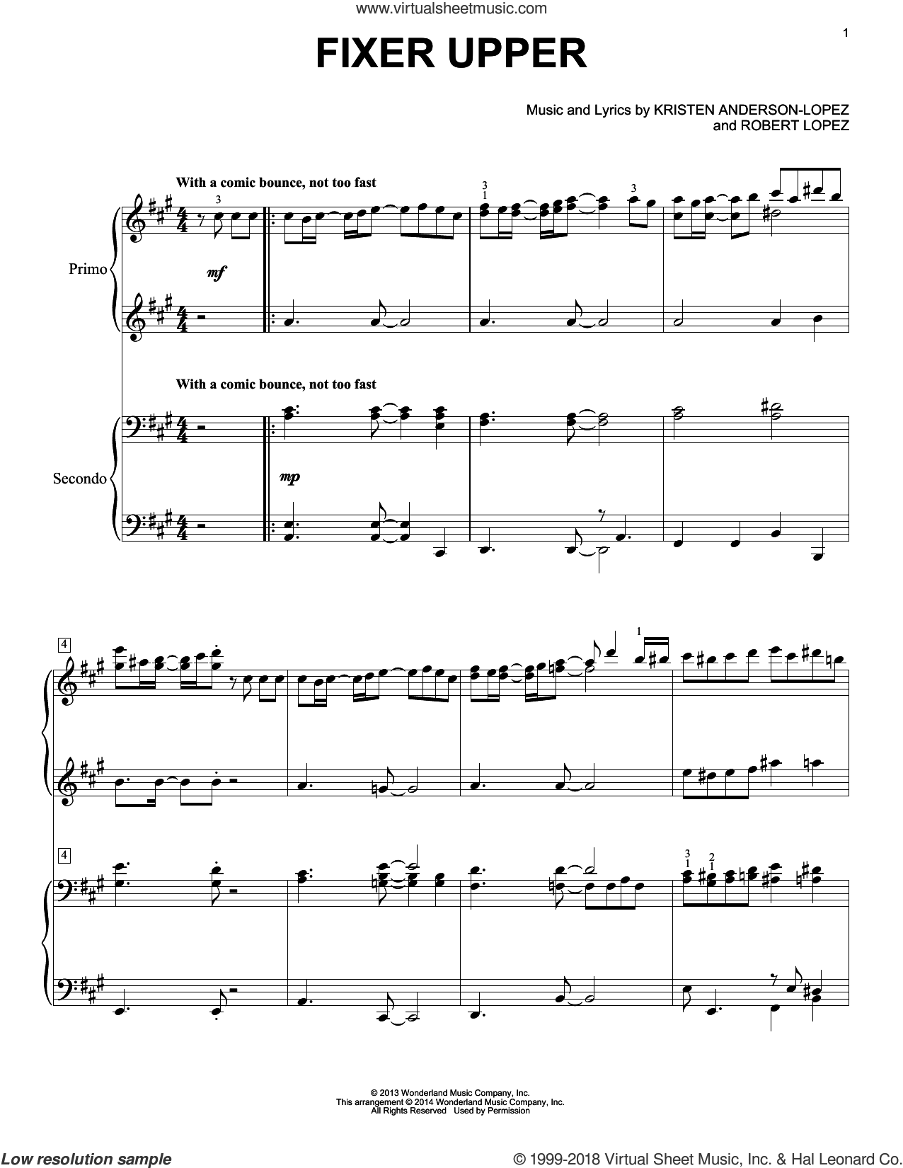 Fixer Upper (from Disney's Frozen) sheet music for piano four hands