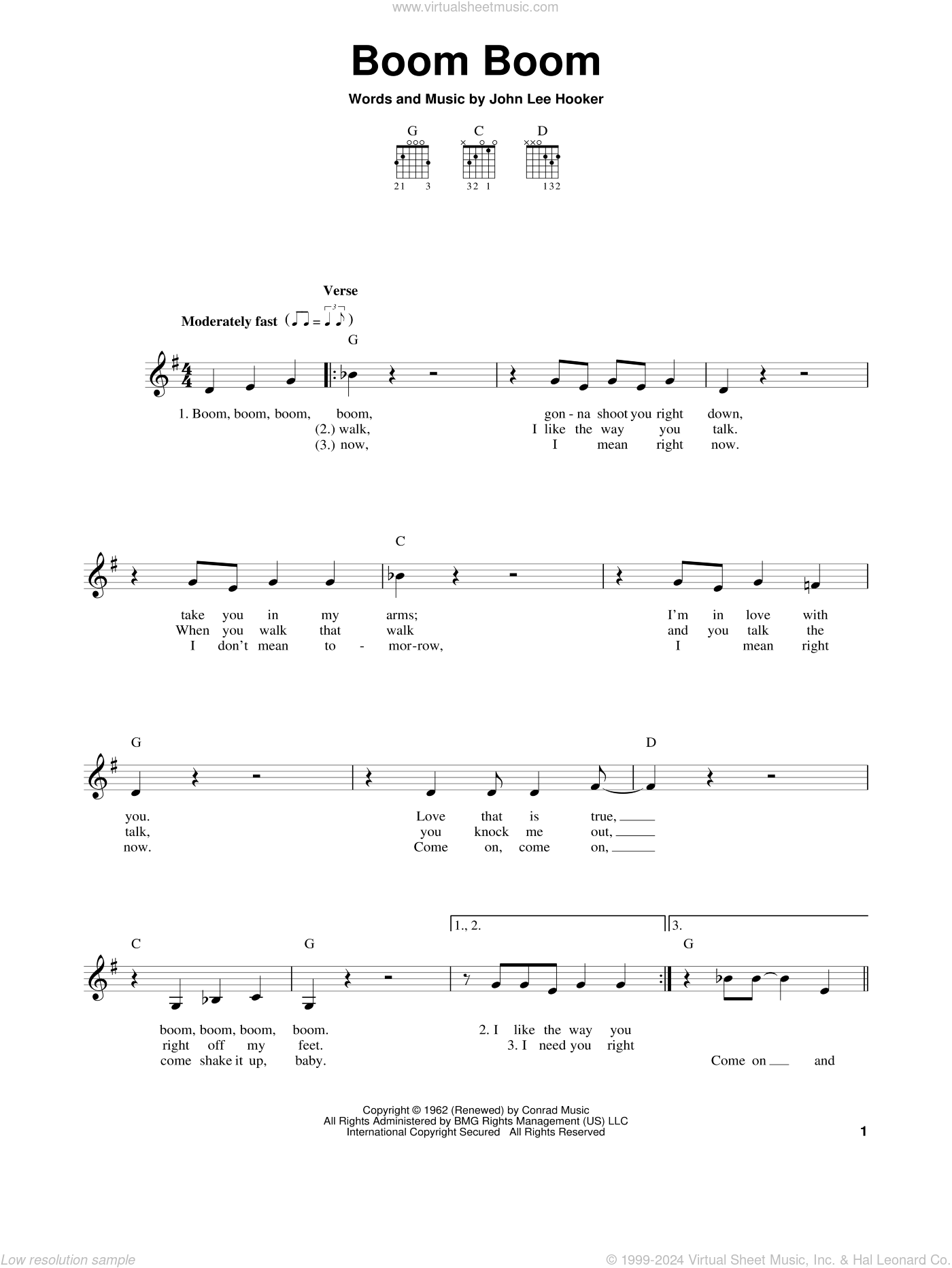 Boom Boom sheet music (easy) for guitar solo (chords) (PDF)