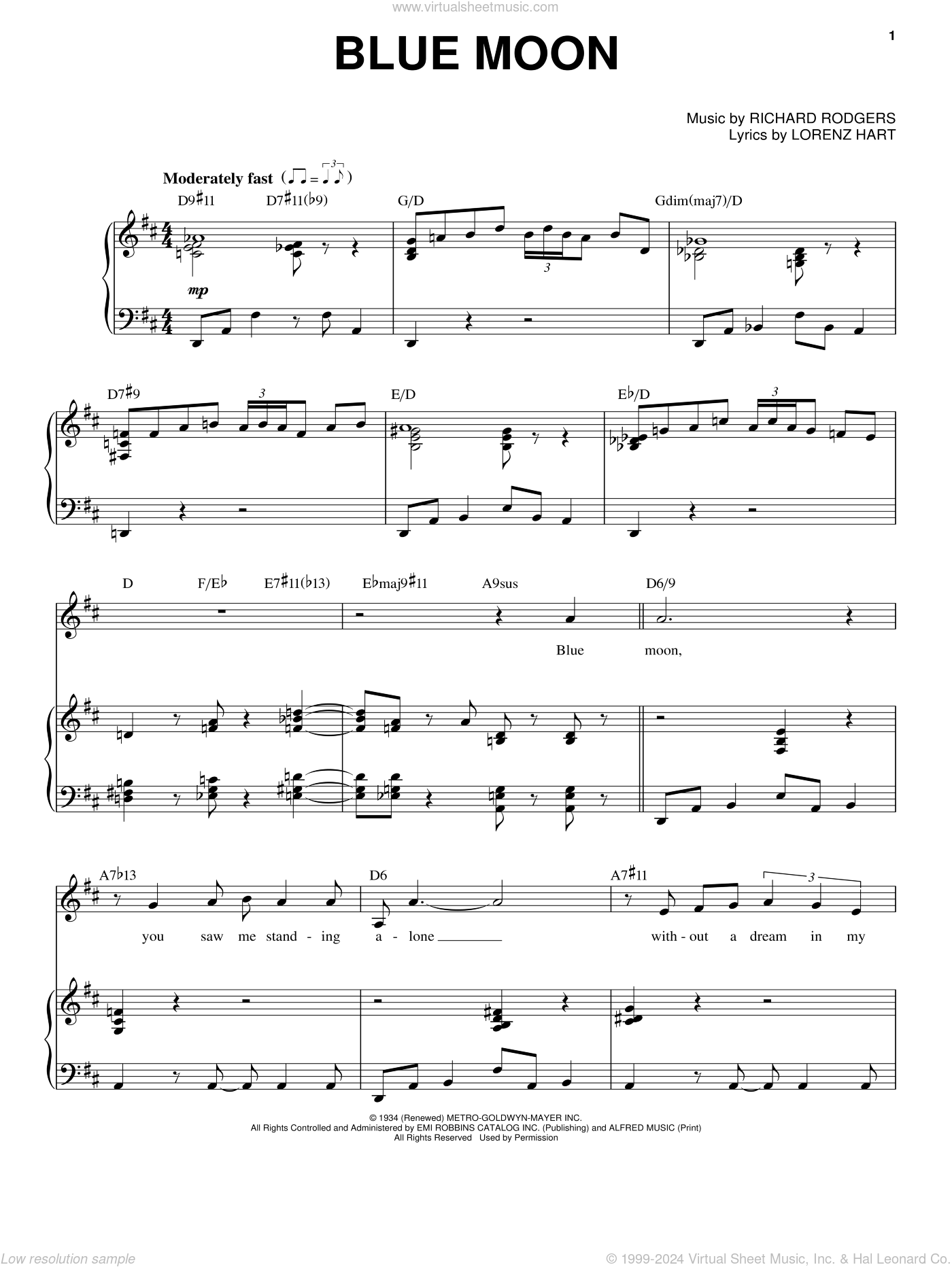 Blue Moon sheet music for voice and piano (PDF-interactive)