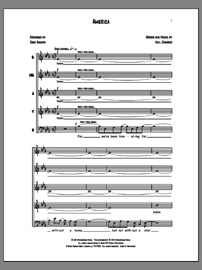 America (arr. Neil Diamond) sheet music for choir (SSATB) (PDF)