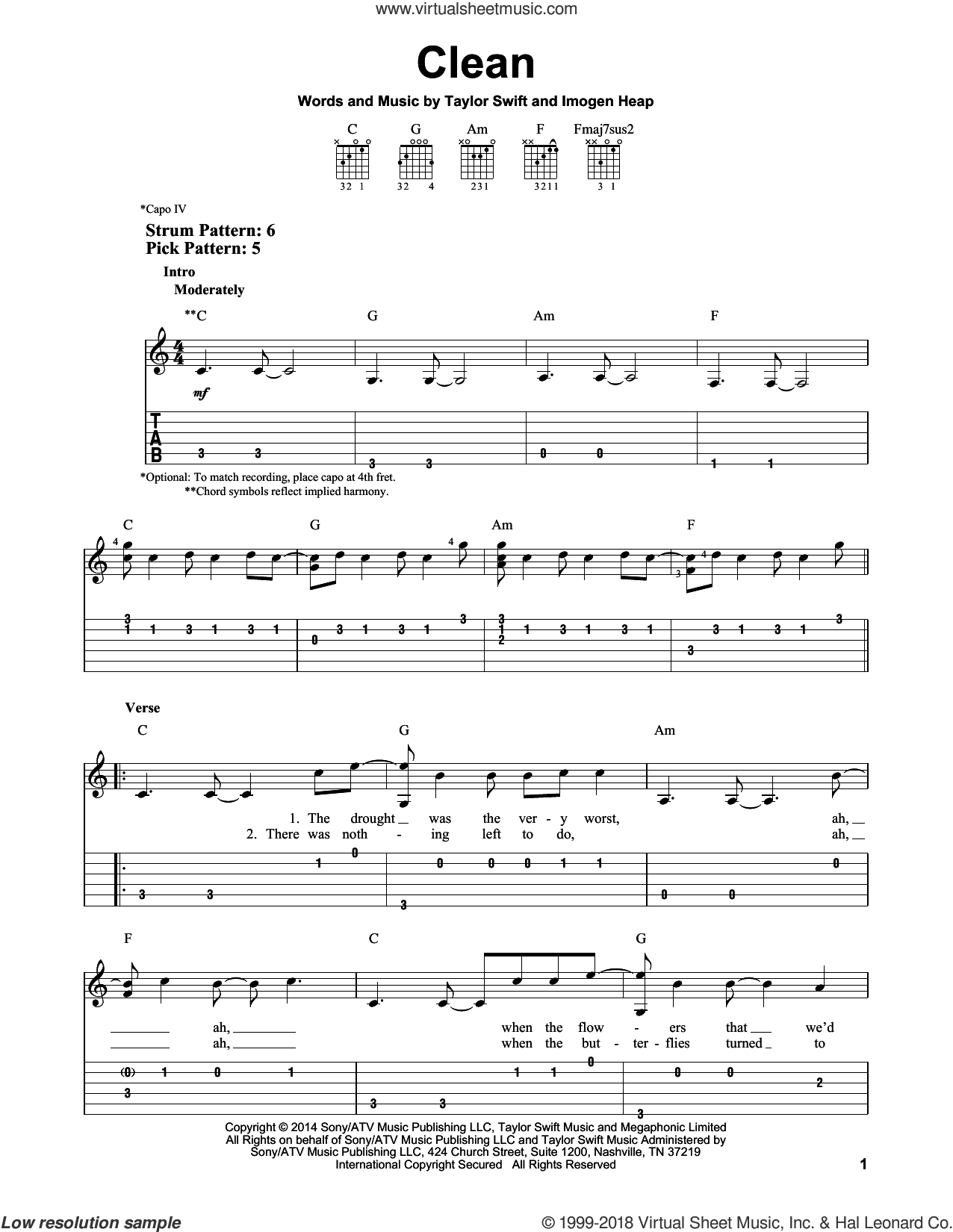 Clean sheet music for guitar solo (easy tablature) (PDF)