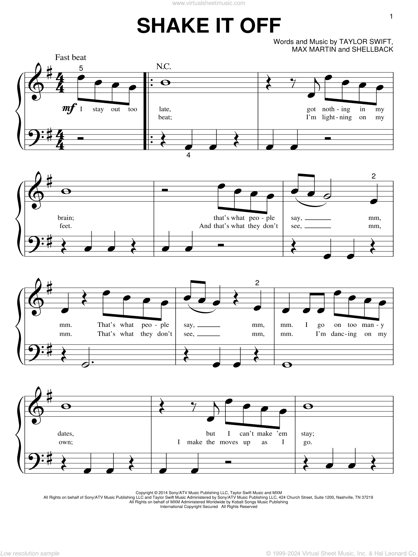 Shake It Off sheet music for piano solo (big note book) (PDF)