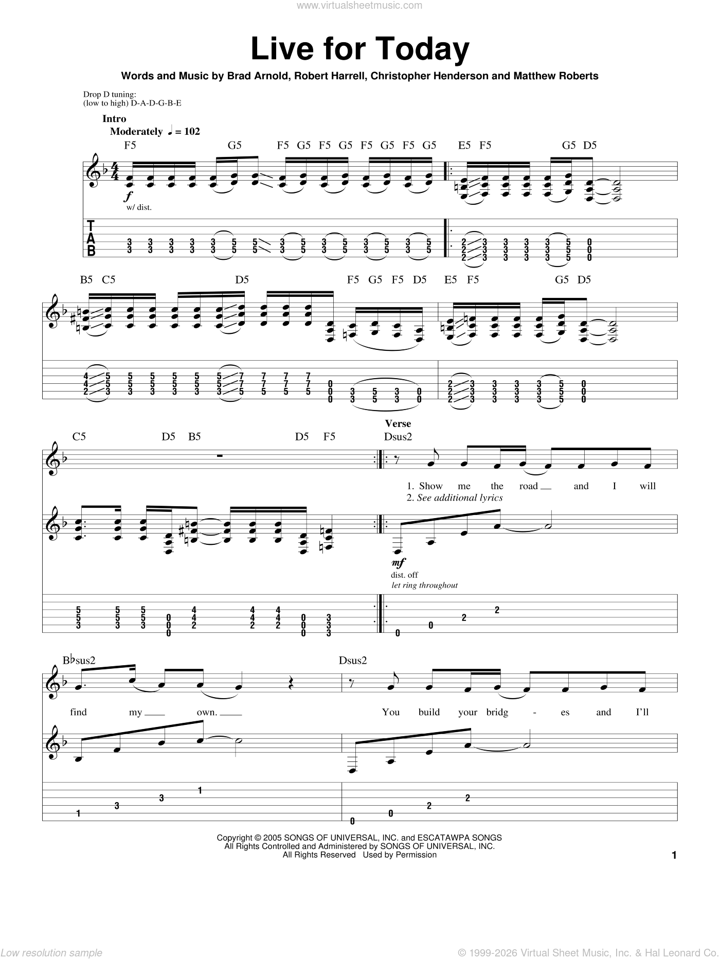 Live For Today sheet music for guitar (tablature, play-along)