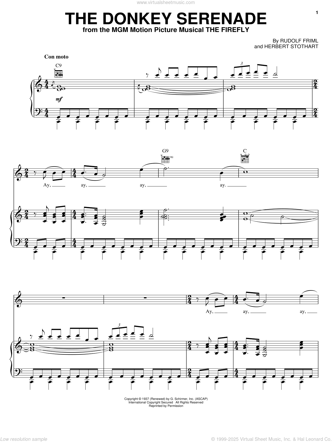 Donkey Serenade sheet music for voice, piano or guitar (PDF)