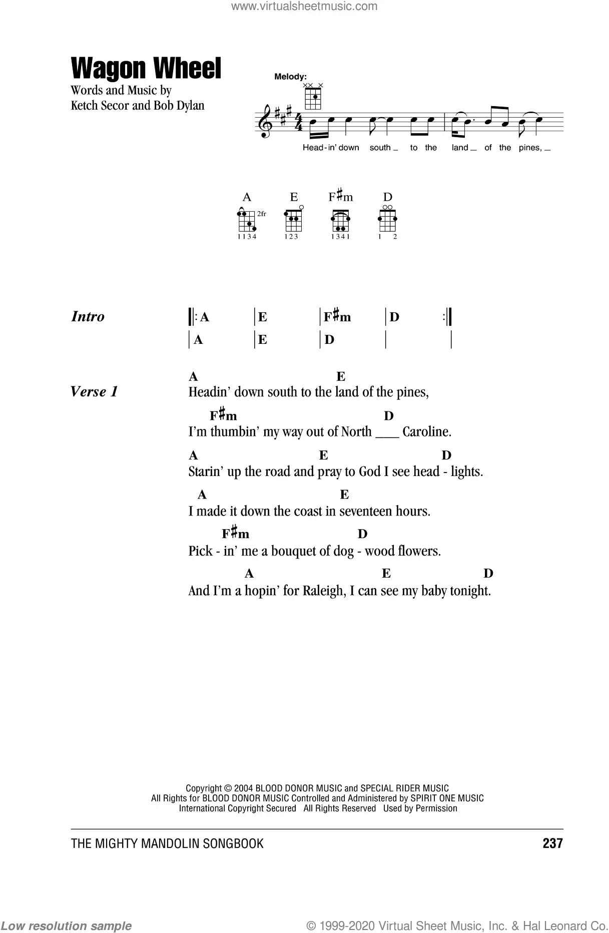 Wagon Wheel sheet music for mandolin (chords only) (PDF)