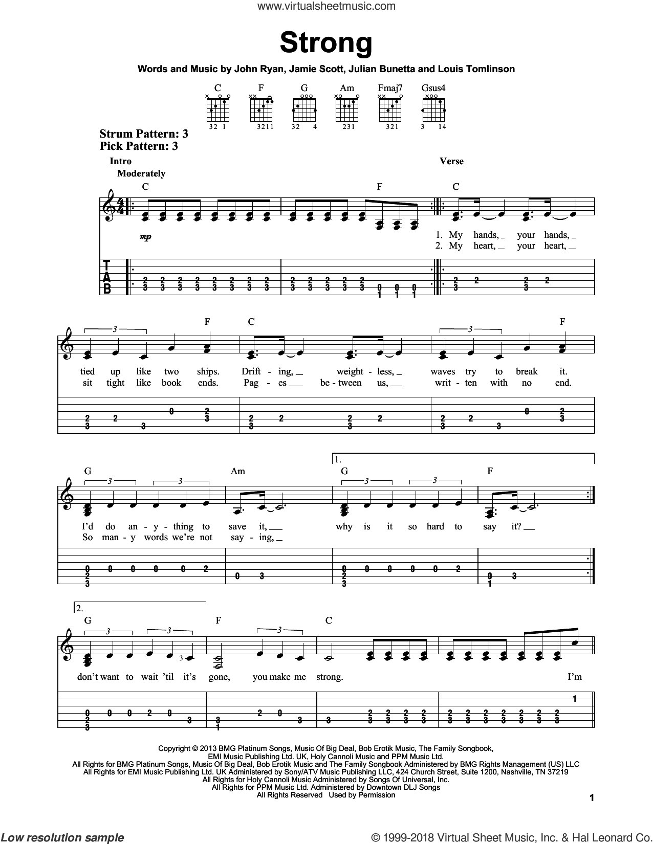 Strong sheet music for guitar solo (easy tablature) (PDF)