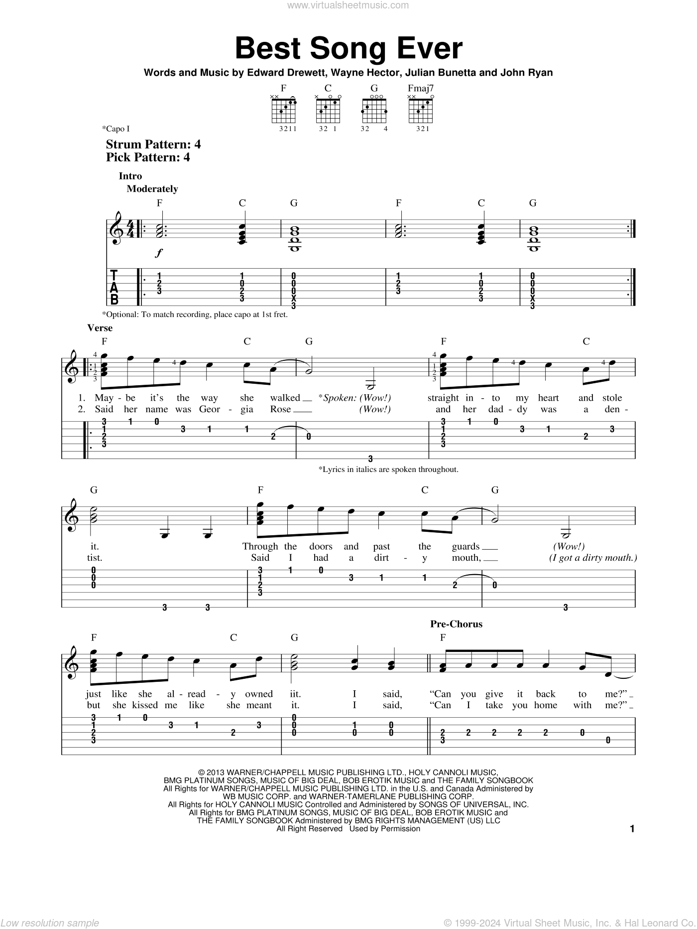 Best Song Ever sheet music for guitar solo (easy tablature) (PDF)