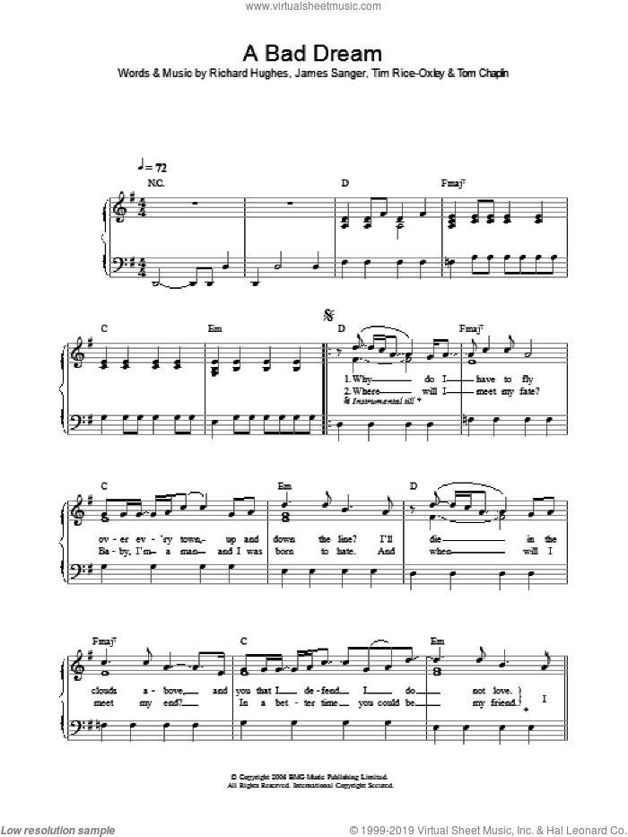 A Bad Dream sheet music for voice, piano or guitar (PDF)