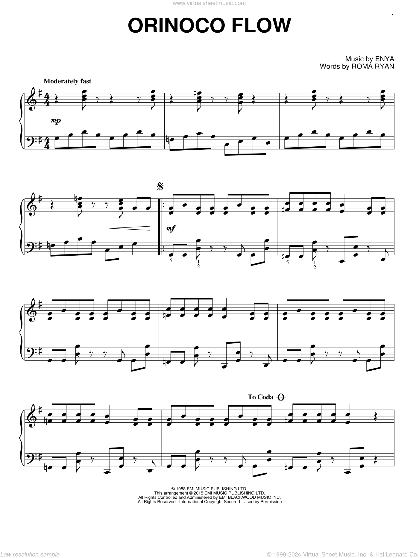 Orinoco Flow sheet music for piano solo (PDF-interactive)