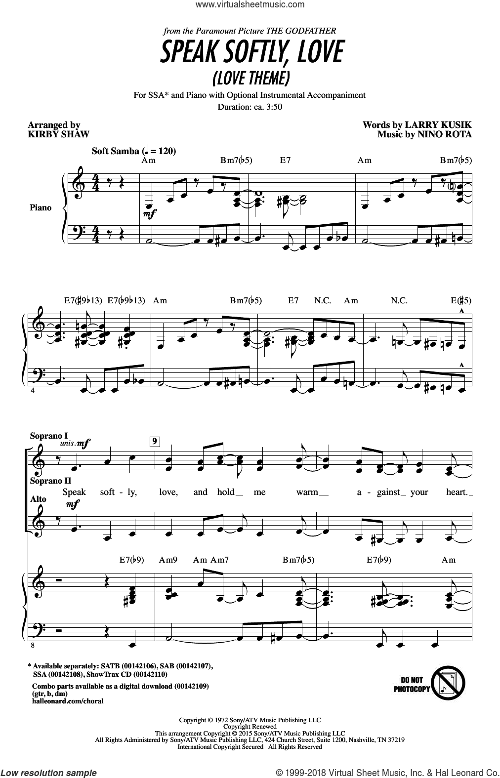 Speak Softly, Love (Love Theme) sheet music for choir (SSA: soprano, alto)