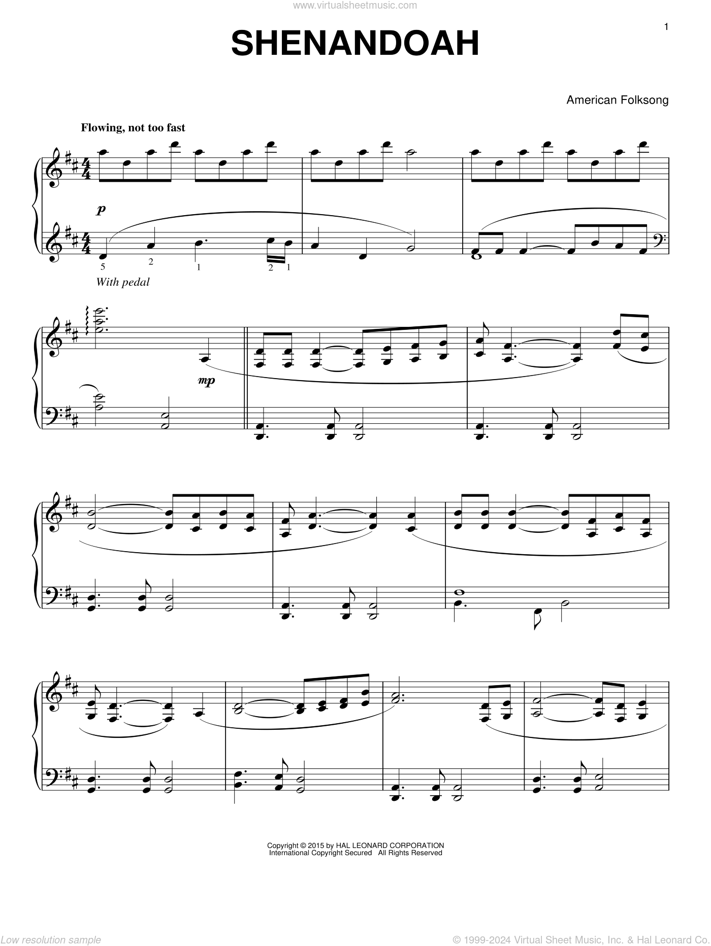 Shenandoah, (intermediate) sheet music for piano solo (PDF)