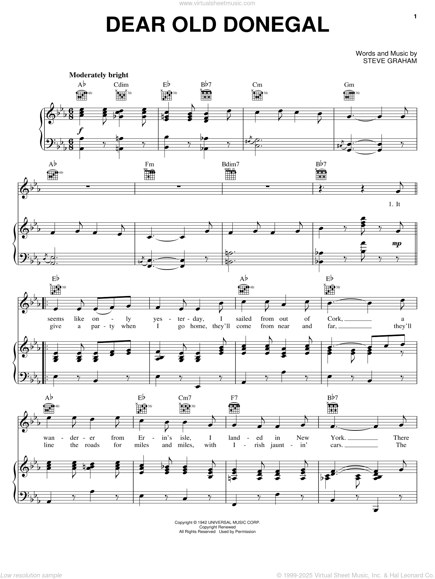 Dear Old Donegal sheet music for voice, piano or guitar (PDF)