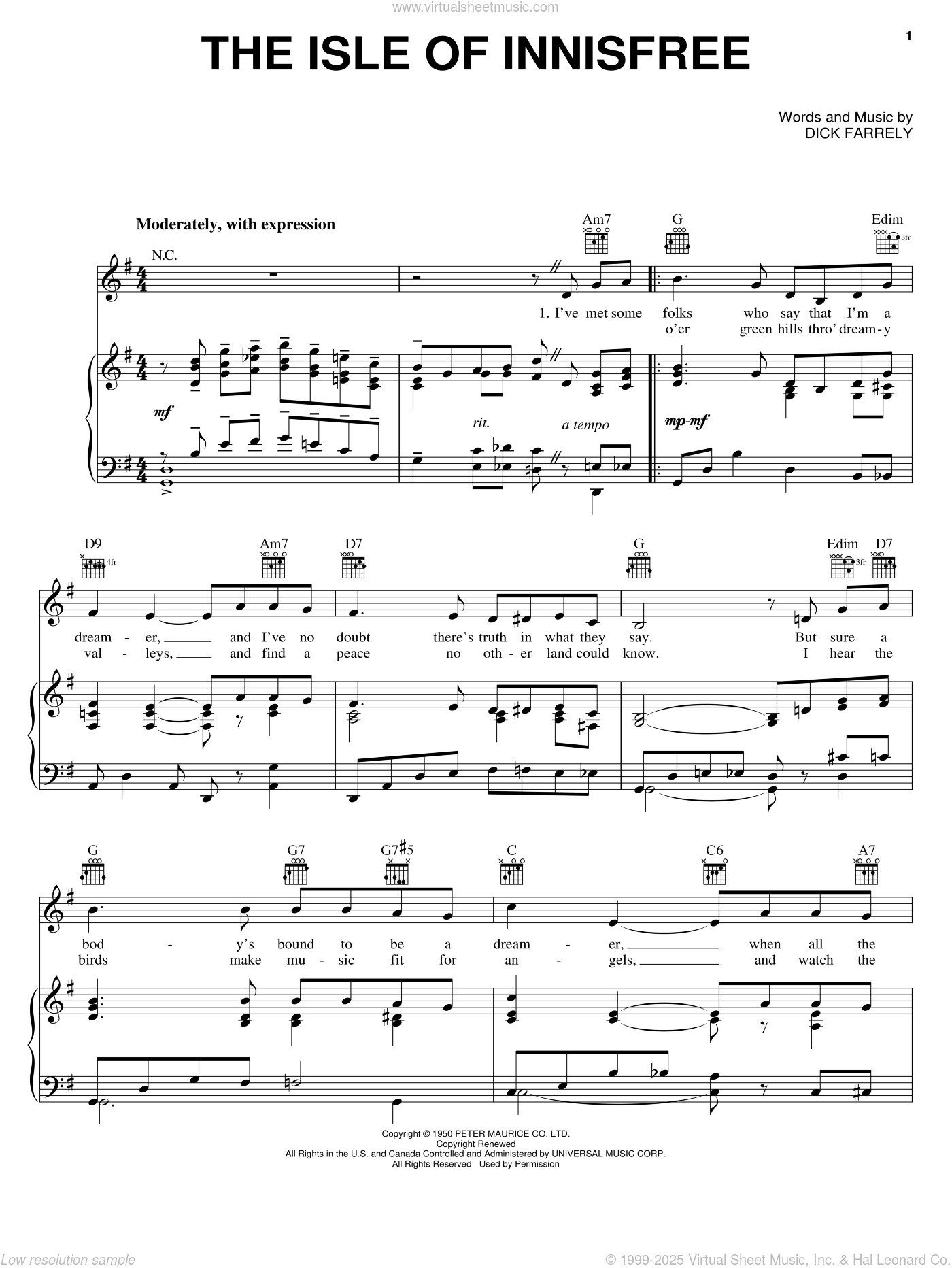 The Isle Of Innisfree sheet music for voice, piano or guitar v2