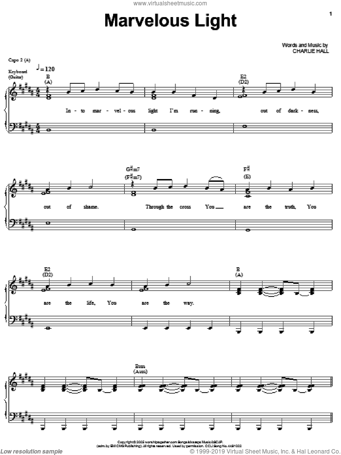 Marvelous Light sheet music for voice, piano or guitar v2