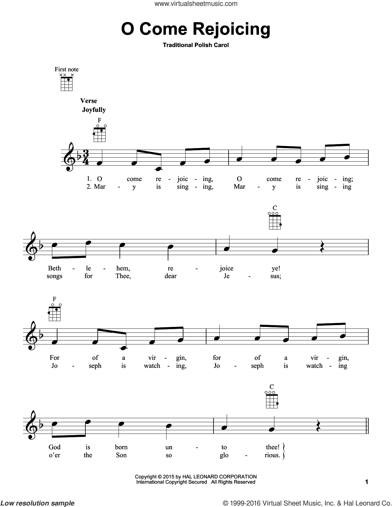 O Come Rejoicing sheet music for ukulele (PDF-interactive)