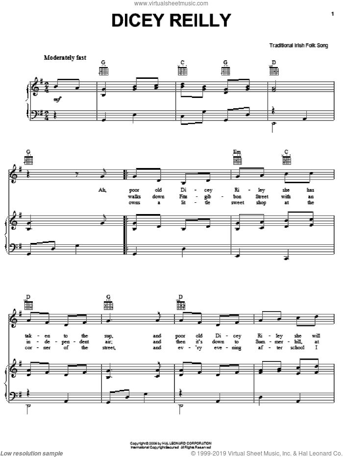 Dicey Reilly sheet music for voice, piano or guitar (PDF)