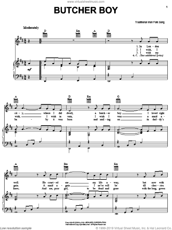 Butcher Boy sheet music for voice, piano or guitar (PDF)