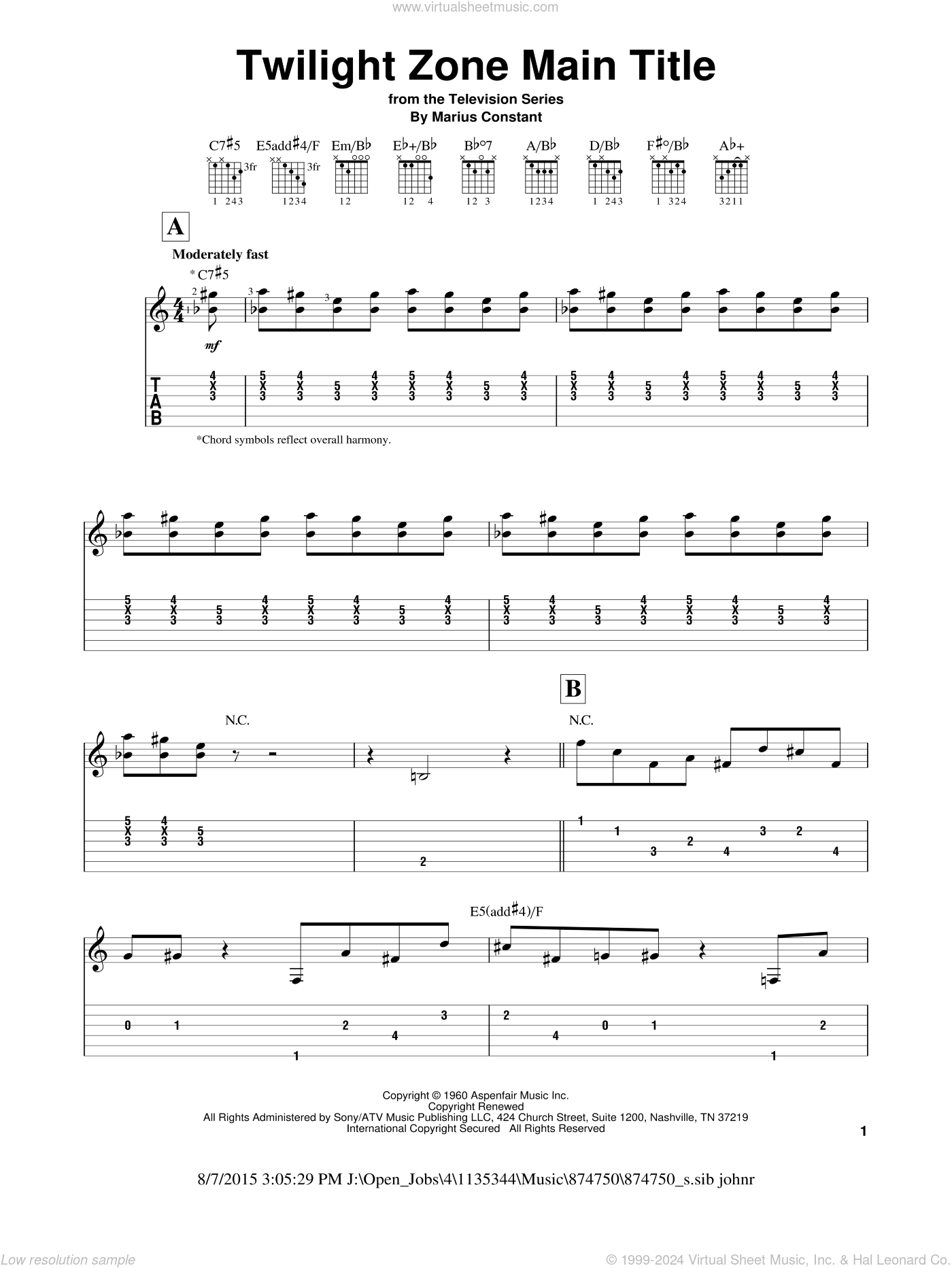 Twilight Zone Main Title sheet music for guitar solo (easy tablature)